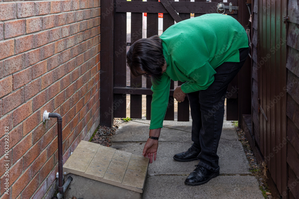 Senior woman lifting cover of outdoor gas meter on house exterior wall ...