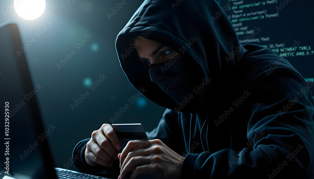 Dangerous Hooded Hacker using credit card typing bad data into computer online system and ...