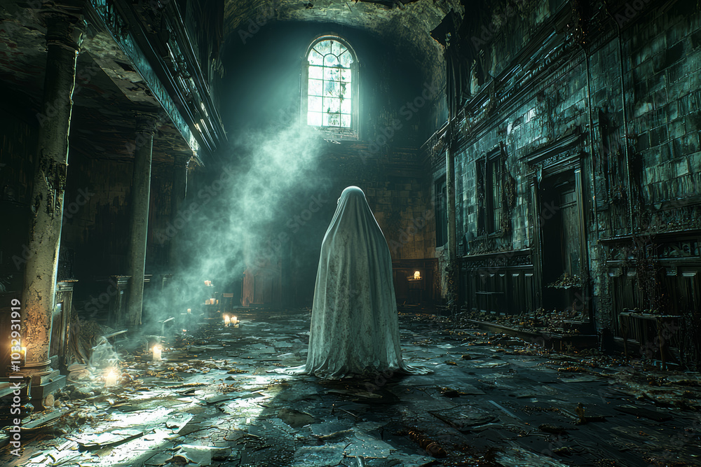 A spooky ghost floating through an old, creaky mansion, with flickering ... A spooky ghost floating through an old, creaky mansion, with flickering ...