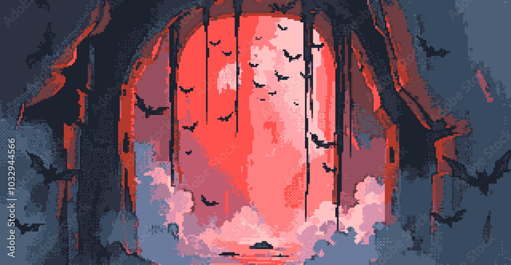 red cave cave opening with bats flying out, pixel art style concept art ...
