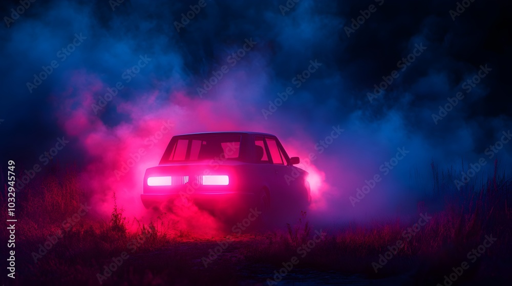 Cartoonish ghost driving a car made of transparent light, swirling fog ...