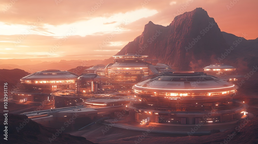 A futuristic Martian colony with interconnected domed structures, arranged in a circular pattern ...