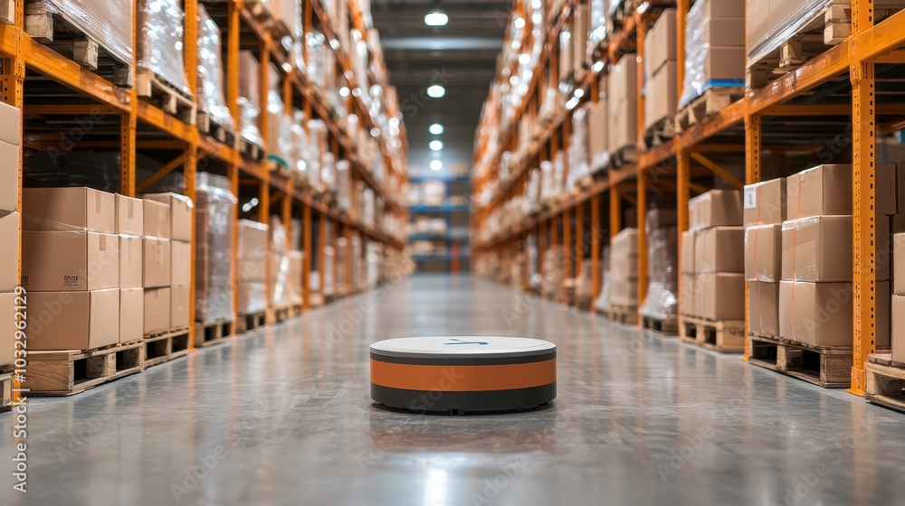 An automated cleaning robot navigates a warehouse filled with stacked ...