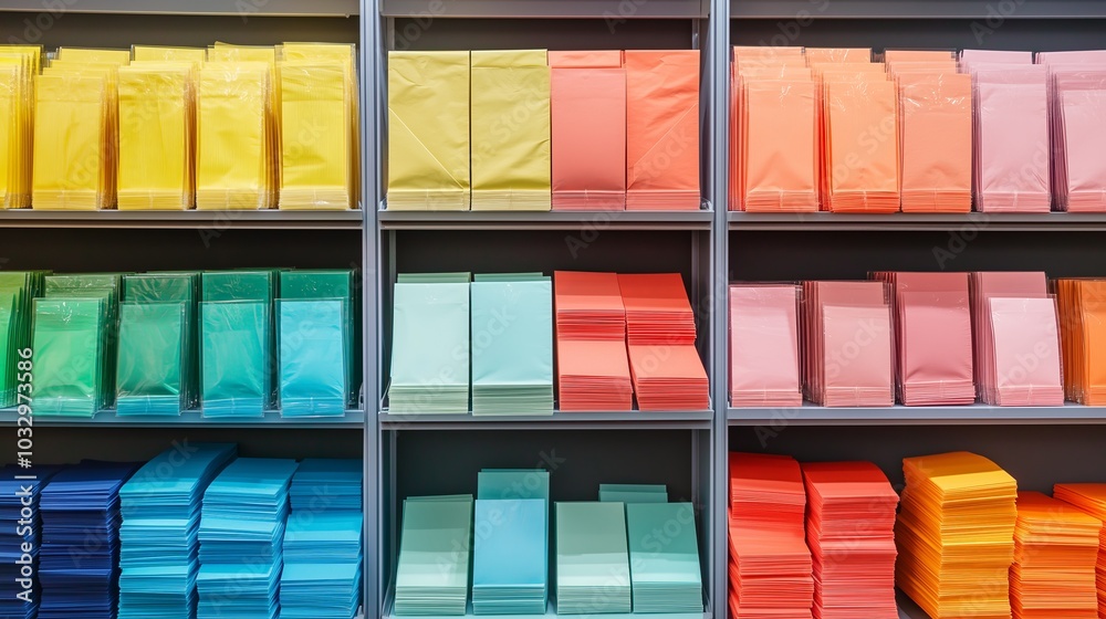 Colorful recyclable wraps encasing retail shelf products packaging ...