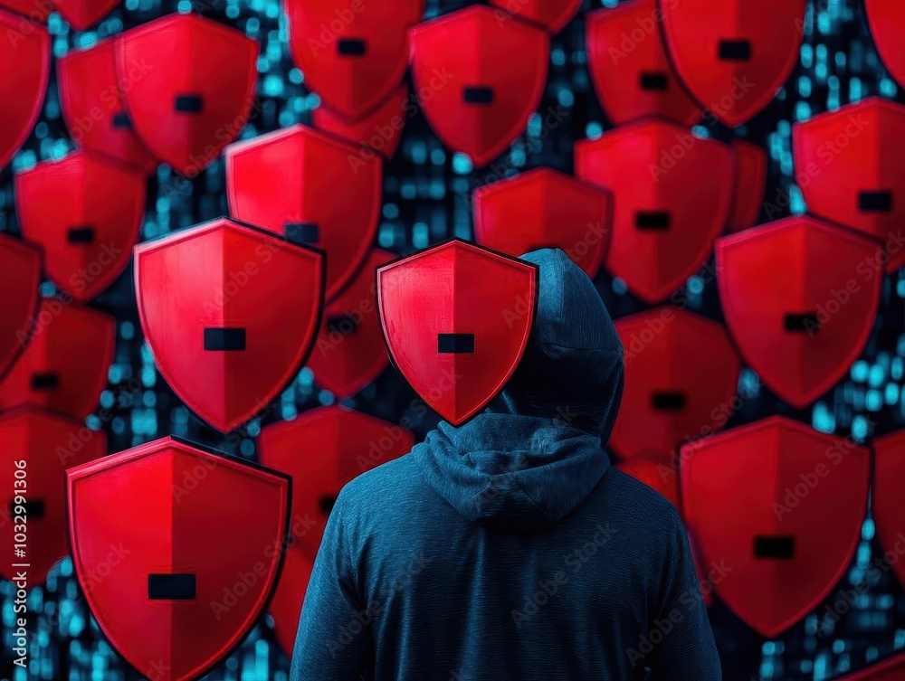 A hacker surrounded by layers of red access denied shields, as ...