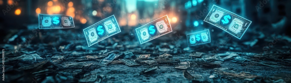Floating currency symbols fading into darkness over a destroyed ...