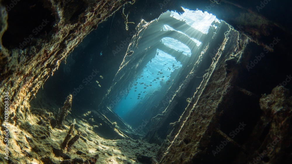 The point of view from inside an underwater pirate shipwreck, with the ...