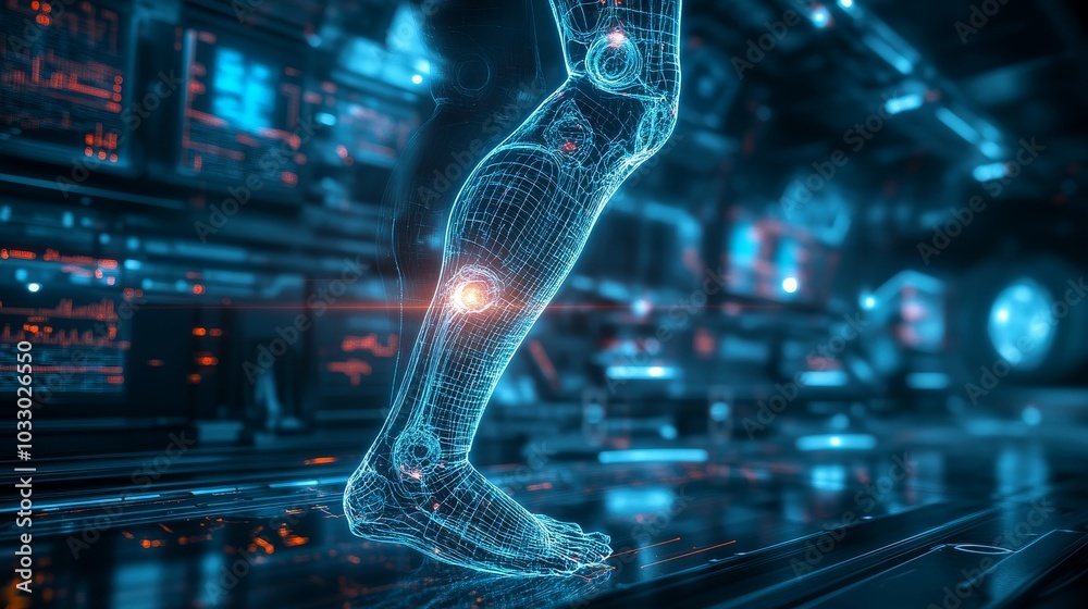 Holographic knee joint with advanced digital implants, neon healing ...