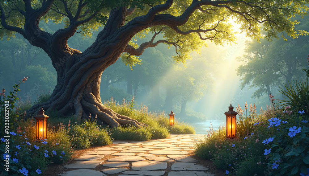 Magical old oak tree with lanterns and flowers in a sunlit meadow Stock ...