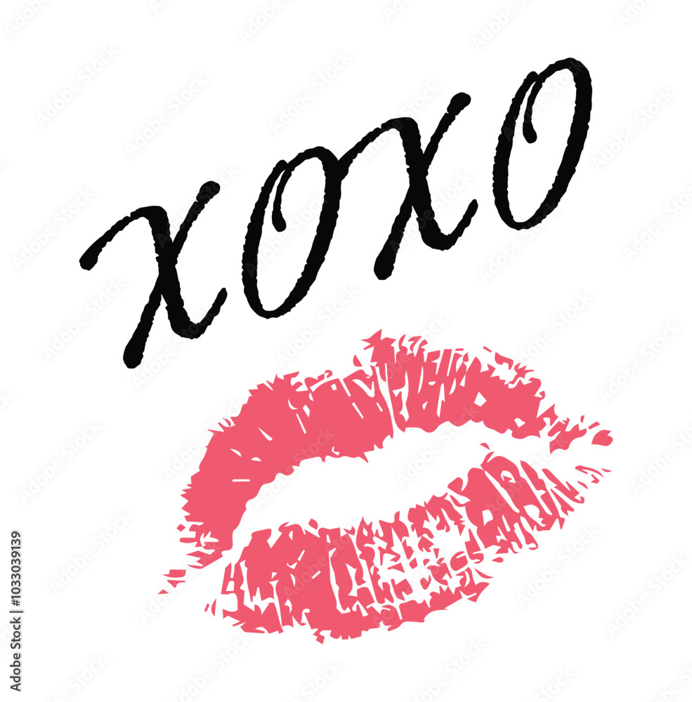 XOXO hand written phrase and lipstick kiss isolated on white background ...