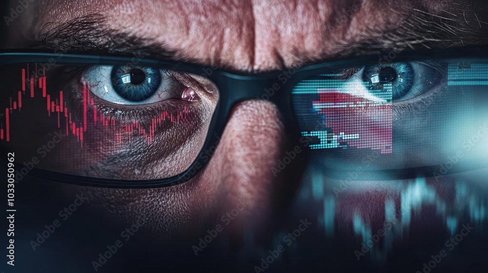 Stock trader sitting at a desk with multiple screens, abstract stock ...