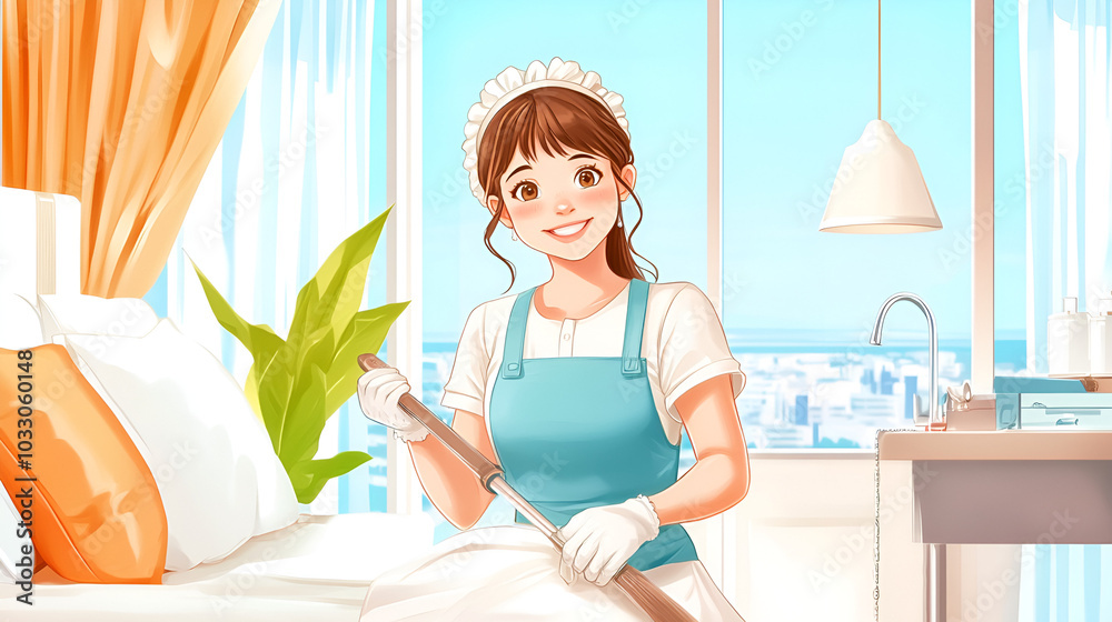 Anime girl illustration. Happy cleaner housekeeper working at hotel ...
