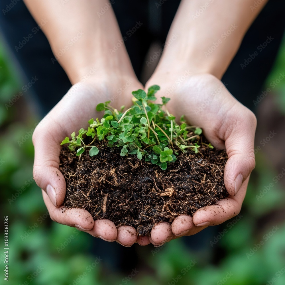 Hands holding soil with small plants, representing sustainability and ...