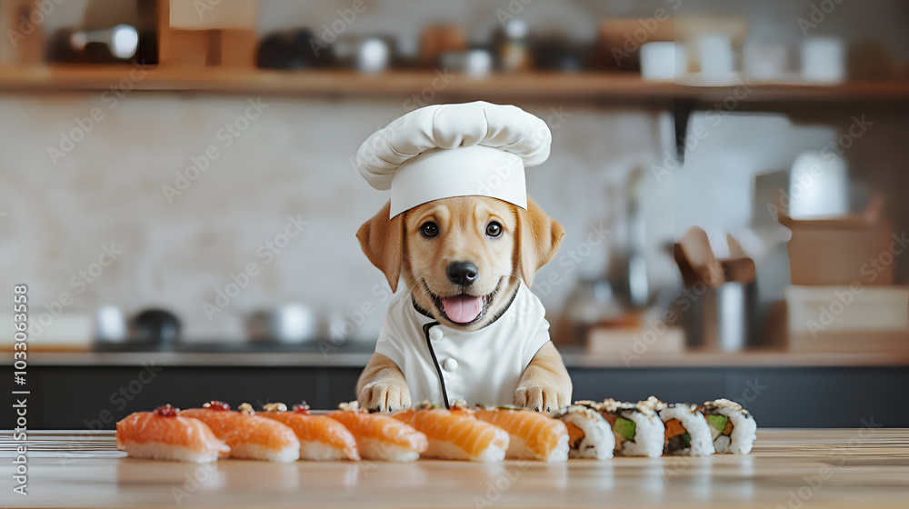 Dog chef cooking at Japanese sushi restaurant, funny puppy wearing chef ...