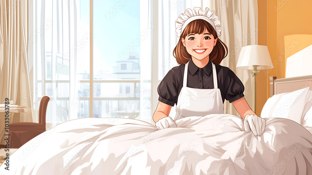 Anime girl japanese cartoon. Happy cleaner housekeeper working at hotel ...