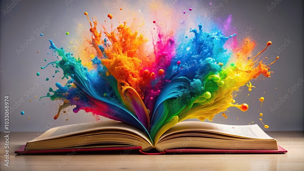 open book with colorful acrylic paint explosion inside out the book ...