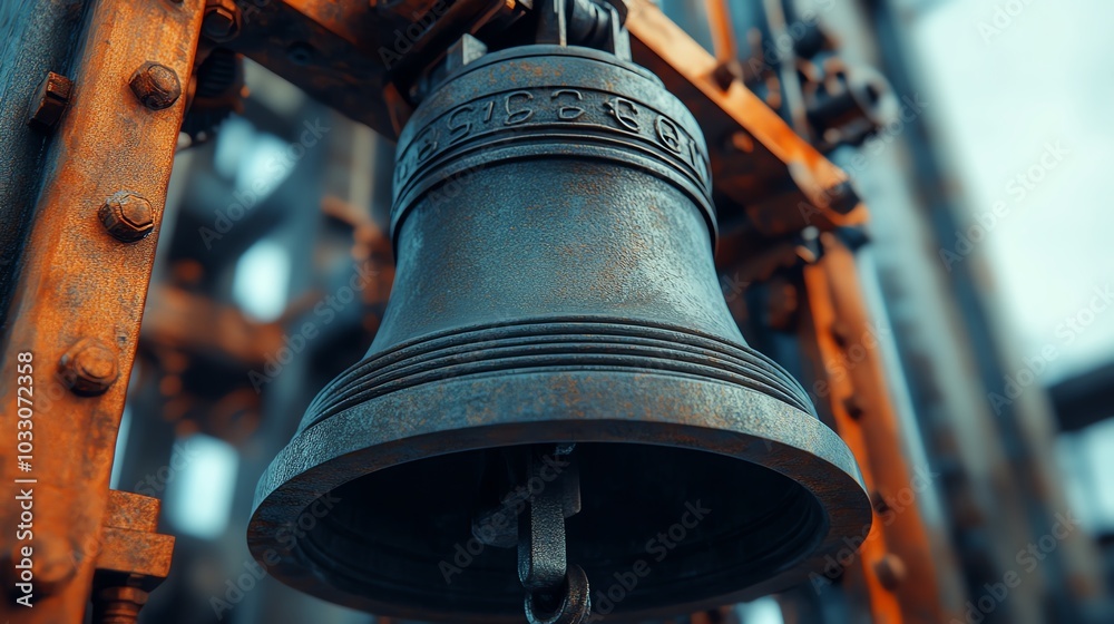 Steampunk bell ringer in a mechanical tower, pulling gears and levers ...