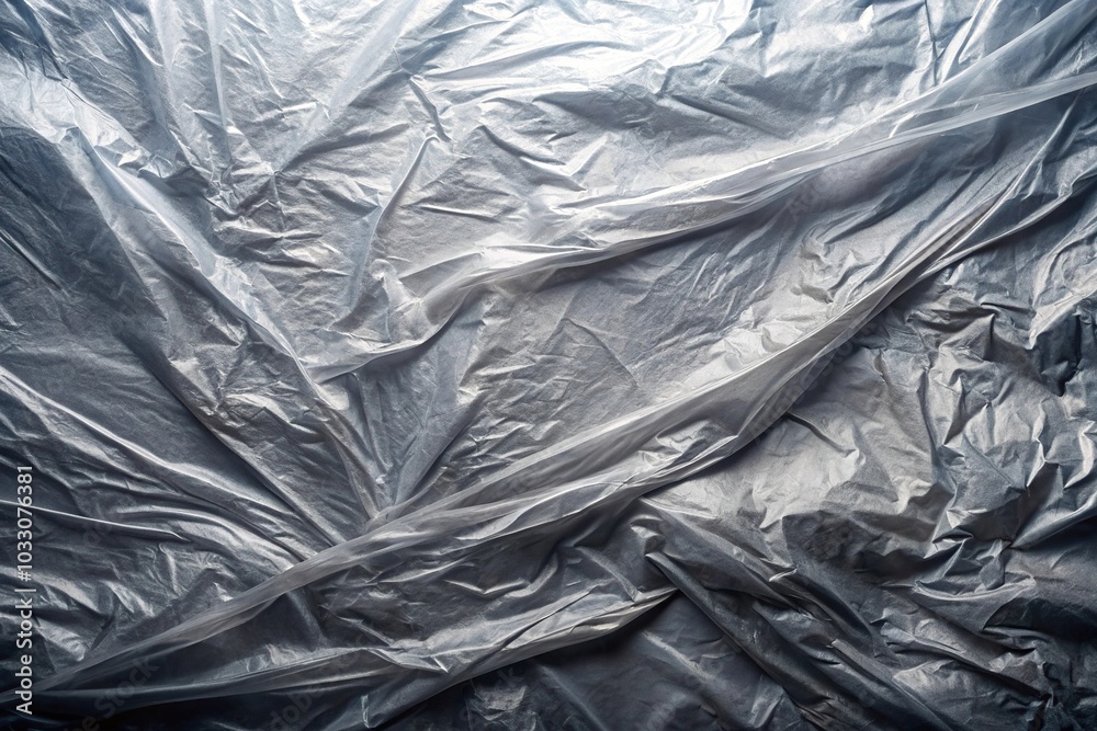 Tilted angle gradient gray plastic wrap overlay backdrop crumpled and ...