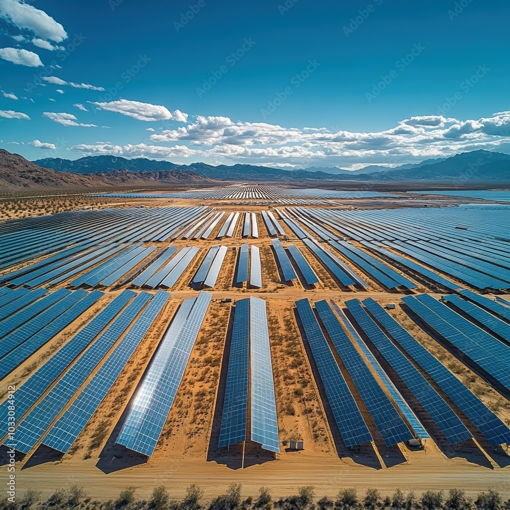 Expansive Solar Panel Farm in the Desert with Rows of Photovoltaic ...