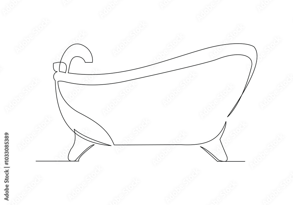 Continuous single line sketch drawing of bathtub clawfoot bath tub ...