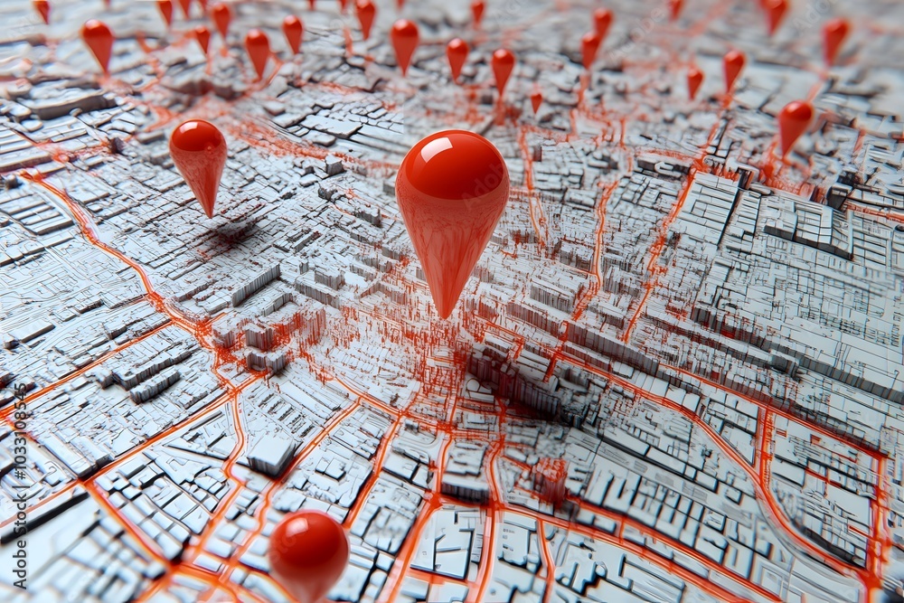 A digital map featuring multiple red location pins indicating specific ...
