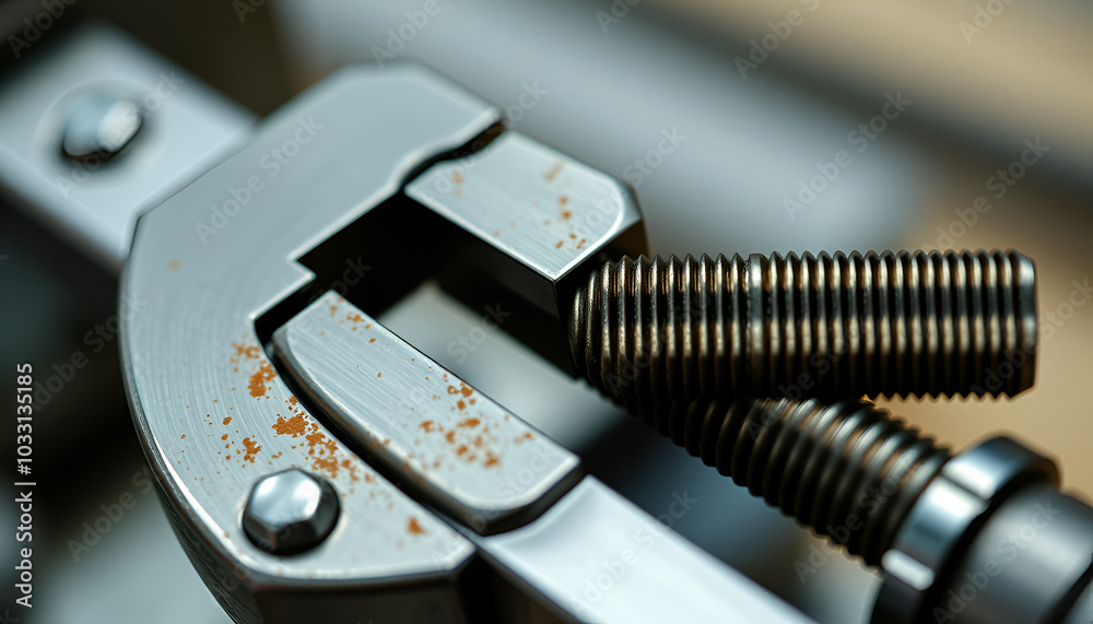 Detailed close up view of a polished metal vice grip clamping tool a ...