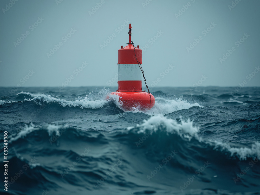 Tsunami warning system buoy floating in the ocean during stormy weather ...