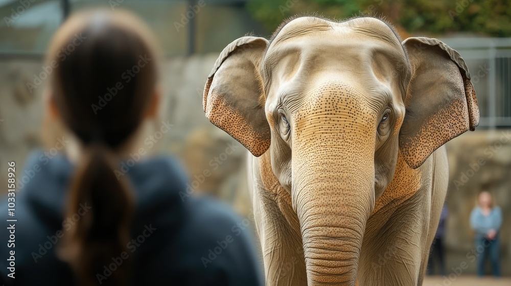 Zookeeper guiding an Asian elephant through a training exercise in a ...