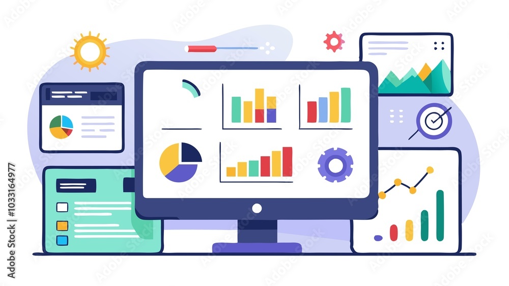 The image depicts a computer monitor displaying colorful charts and ...