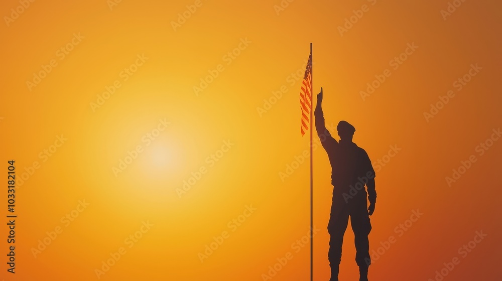 Veteran shadow saluting a flag with a warm orange background. Stock ...