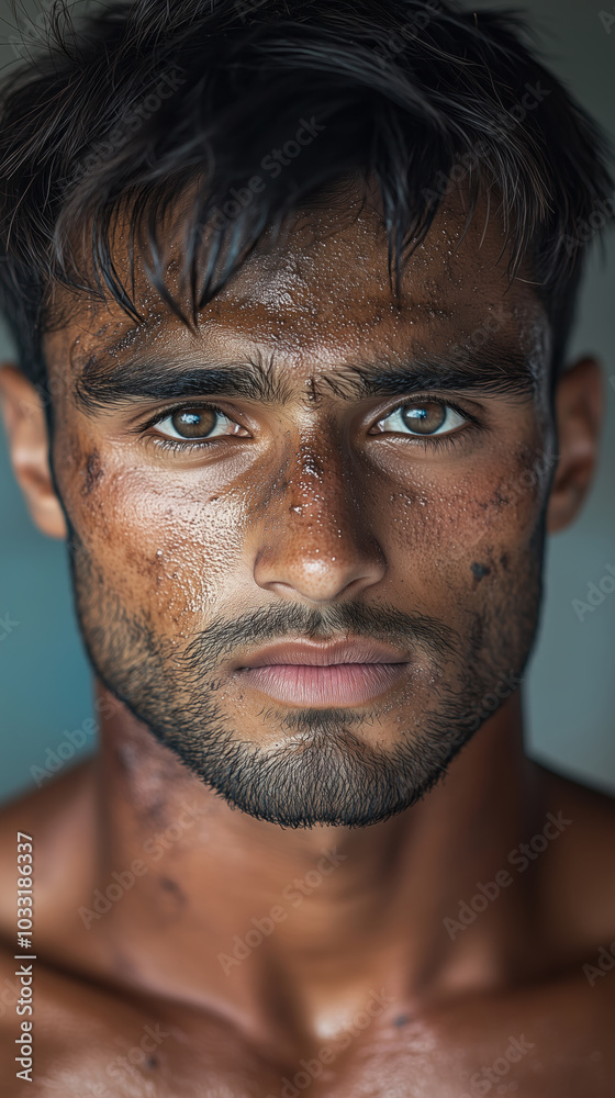 Intense close-up portrait of a rugged man with sweat and dirt on his ...