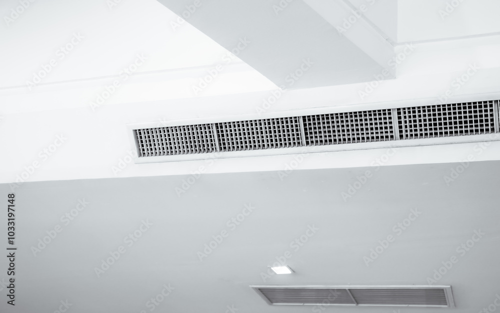 Air flow and ventilation system. Air Handling Units on ceiling walls ...