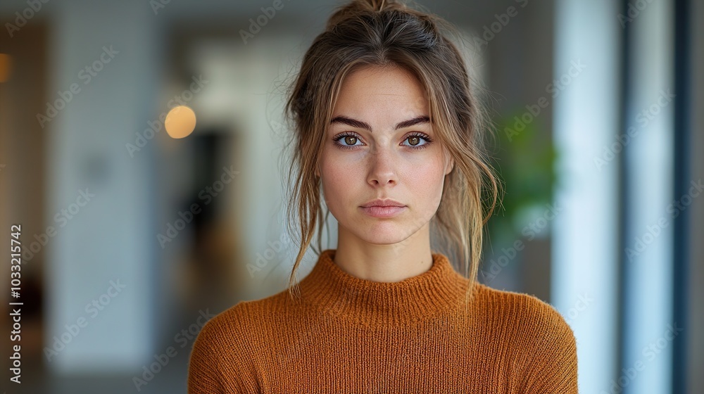 Realistic image of a 37-year-old woman displaying shame with a downcast ...