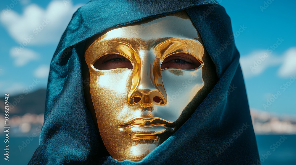 Person wearing a golden mask representing mystery and opulence of high ...
