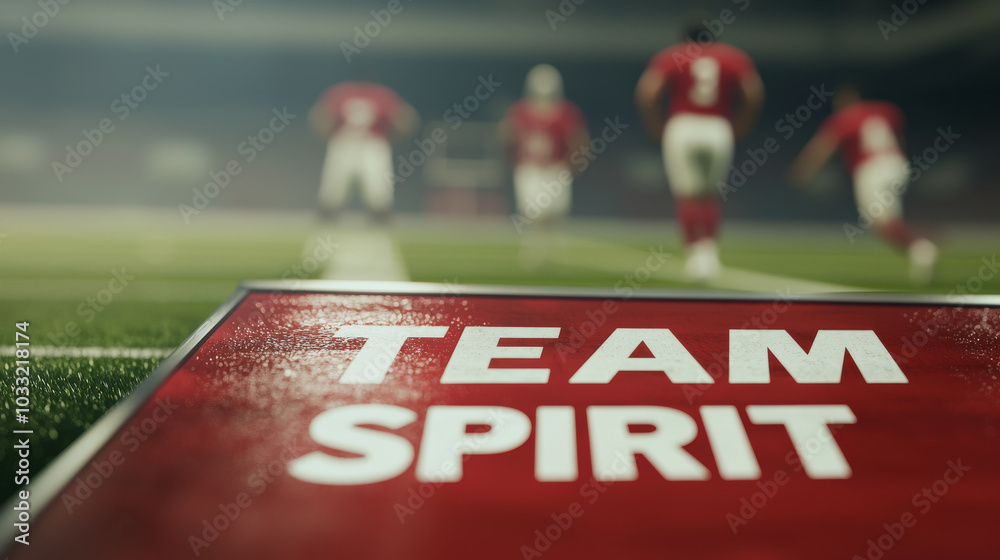 Concept image with team spirit sign on a stadium grass with football ...