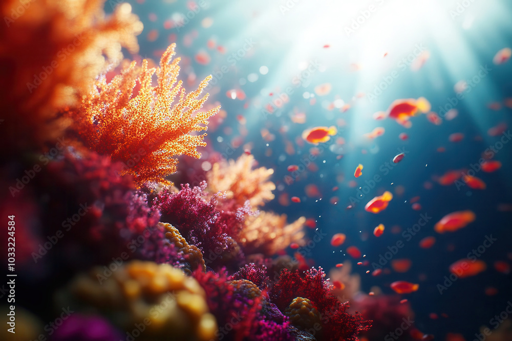 3D render of an ocean acidification process, with molecules dissolving ...