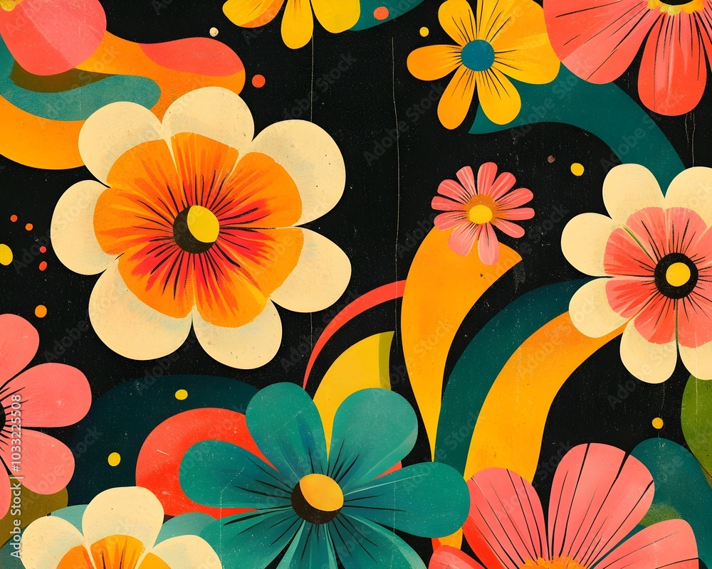 Vintage festival poster with groovy floral patterns, bold curvy ...