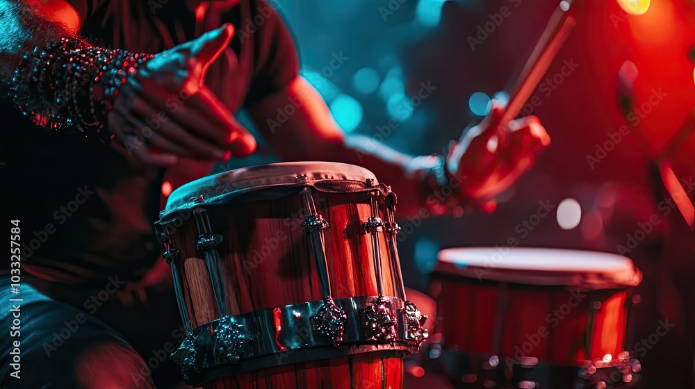 Close-up of a Person Playing a Conga Drum in a Dark Room with Red and ...