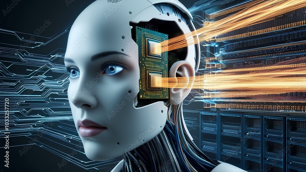 A futuristic AI head, partially disassembled, reveals its advanced ...