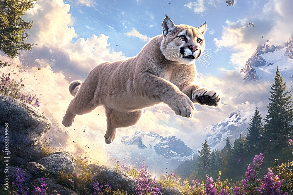 Gracefully leaping between rocks in the rugged mountains, the cougar ...