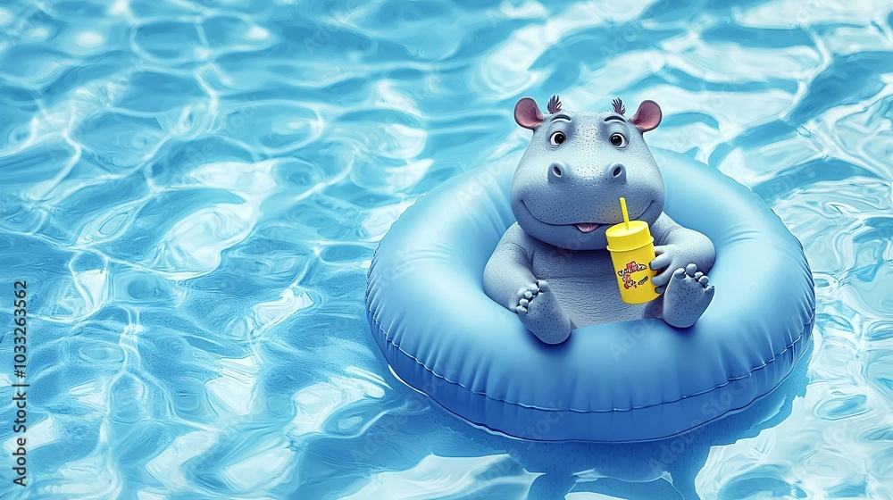 Baby hippo floating on an inflatable, sipping a juice box, exaggerated ...