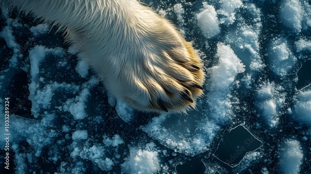 Zoomed-in view of a polar bear's fur on cracked ice, with the texture ...