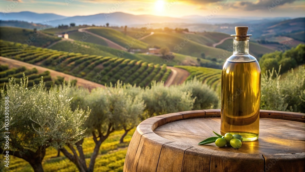 Bottle of olive oil on wooden barrel with olive tree plantation in ...
