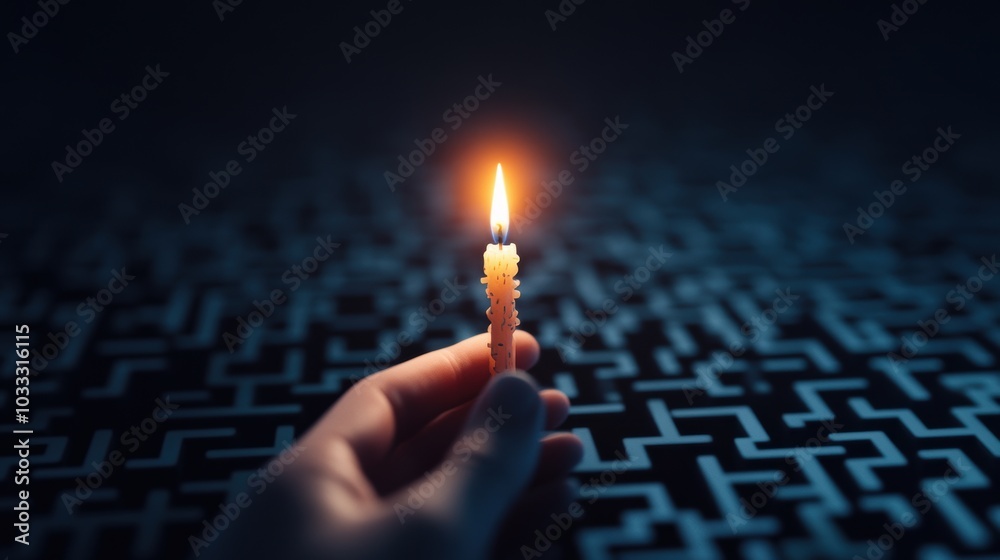 A hand holding a burning candle, its flame illuminating a labyrinth of ...