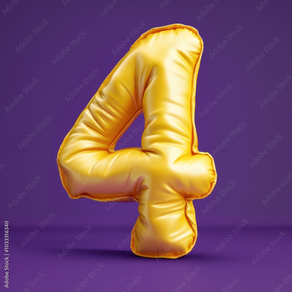 3D number 4 with Inflate, puffy shapes made of yellow soft detailed ...