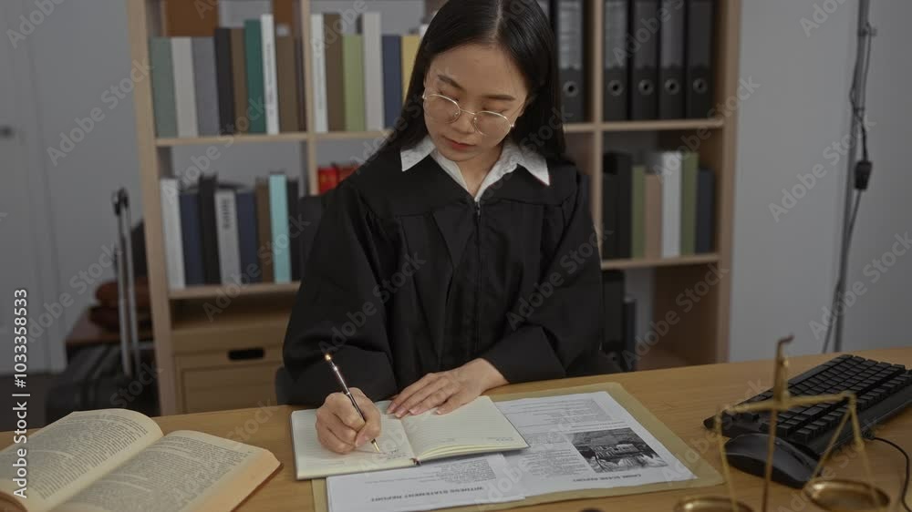 Woman judge writing notes at her desk in an office with books, gavel ...