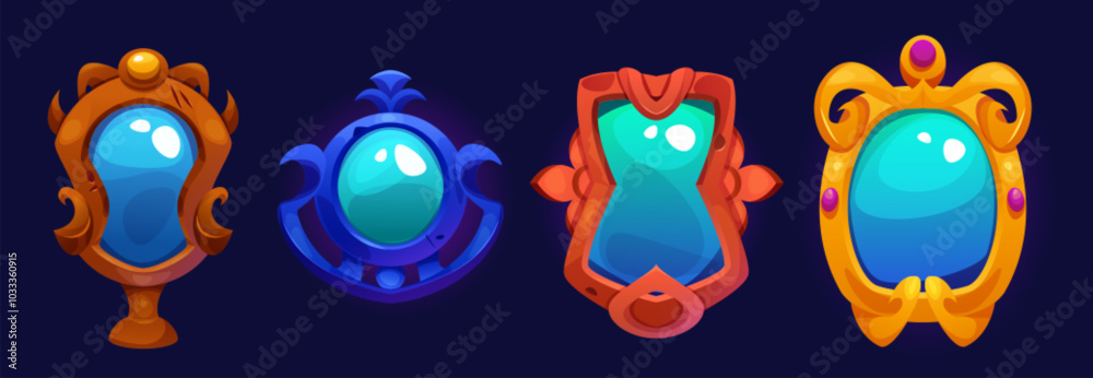 Magic mirror in vintage frame for game ui design. Cartoon vector set of ...