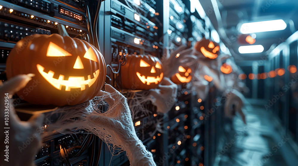 Decorative Halloween pumpkins with glowing faces in a data center ...