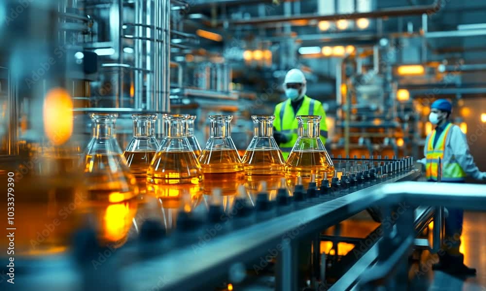 A laboratory scene with glass flasks and industrial equipment ...