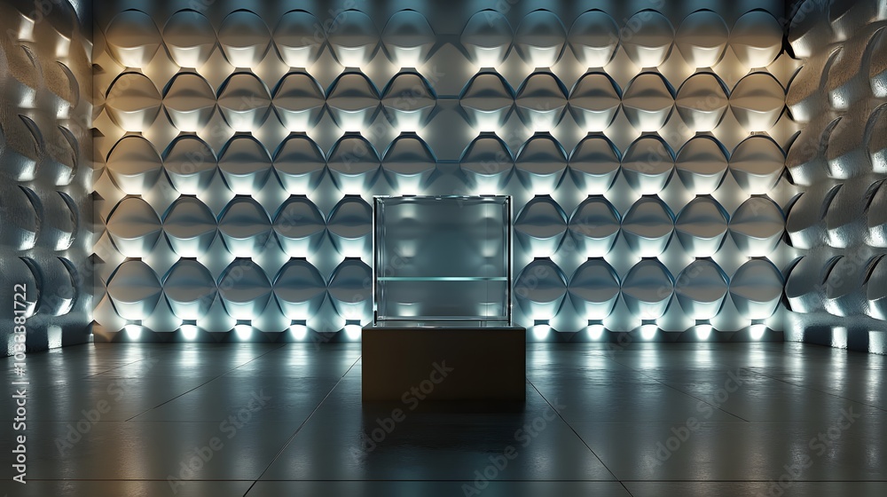17. "A modern 3D render studio with geometric wall panels and ambient ...